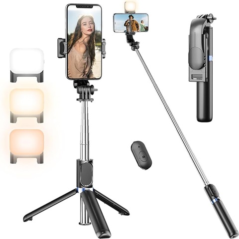 Amazon - Selfie Stick Tripod with Fill Light, Extendable Selfie Stick ...